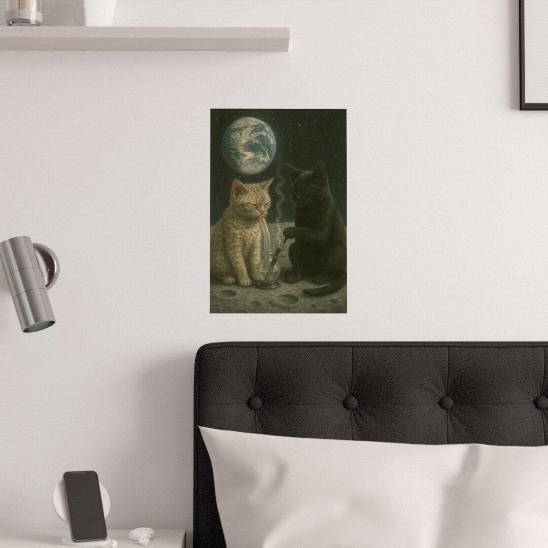 Funny Cat Bong Poster, Trippy Space Cat Art, Stoner Wall Decor, Moon ...