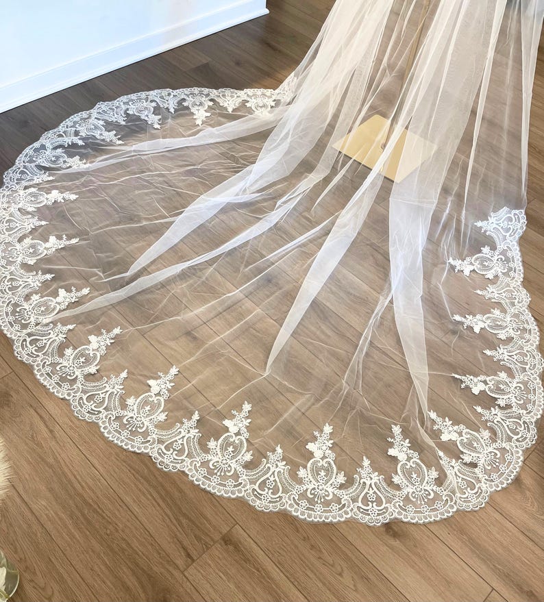 Cathedral Wedding Veil: Hand-stitched Lace Trim, 120 Inch Tulle Veil - Etsy