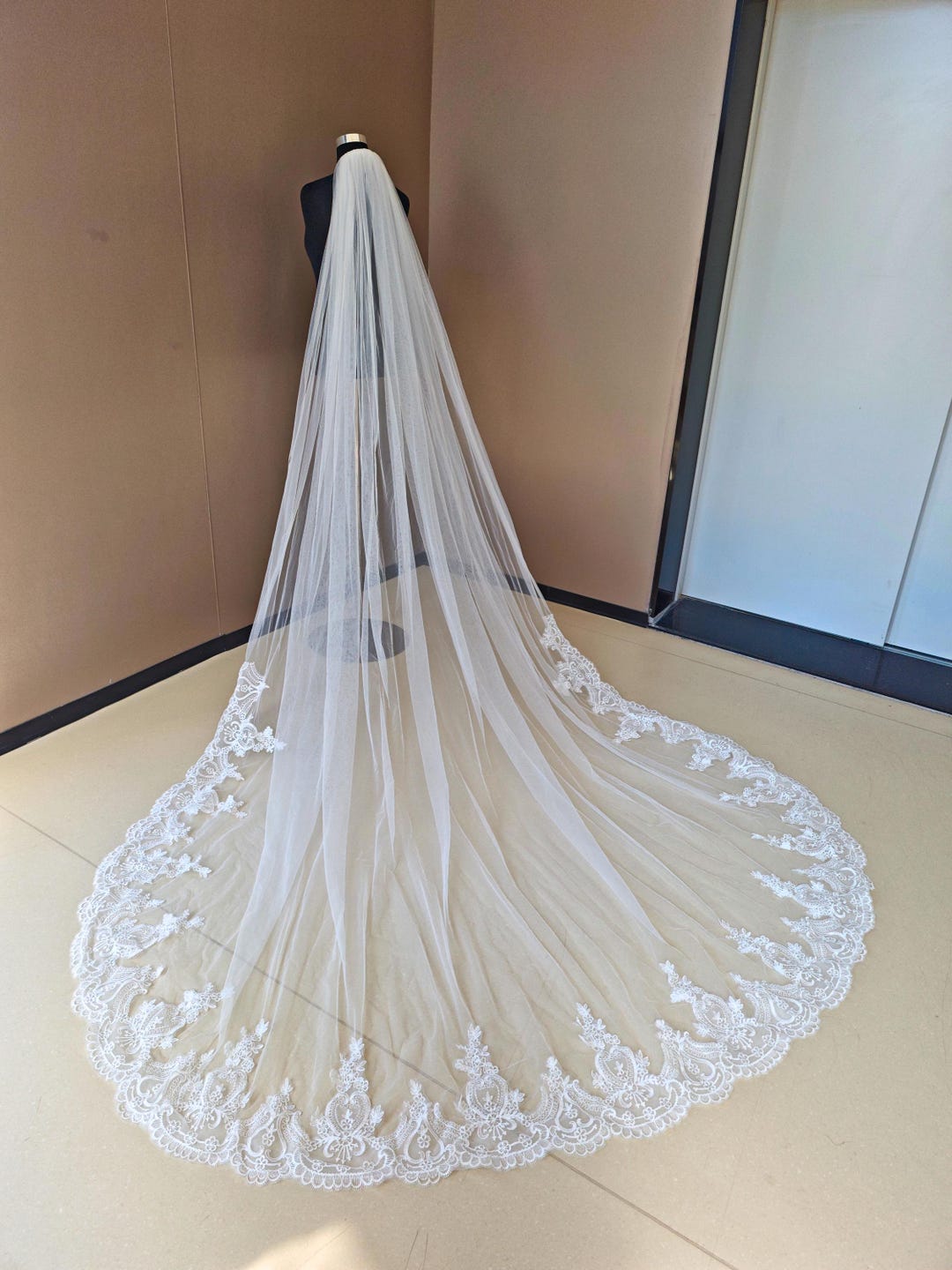 Cathedral Wedding Veil Lace Trim Vintage Inspired Luxury Long Elegant ...