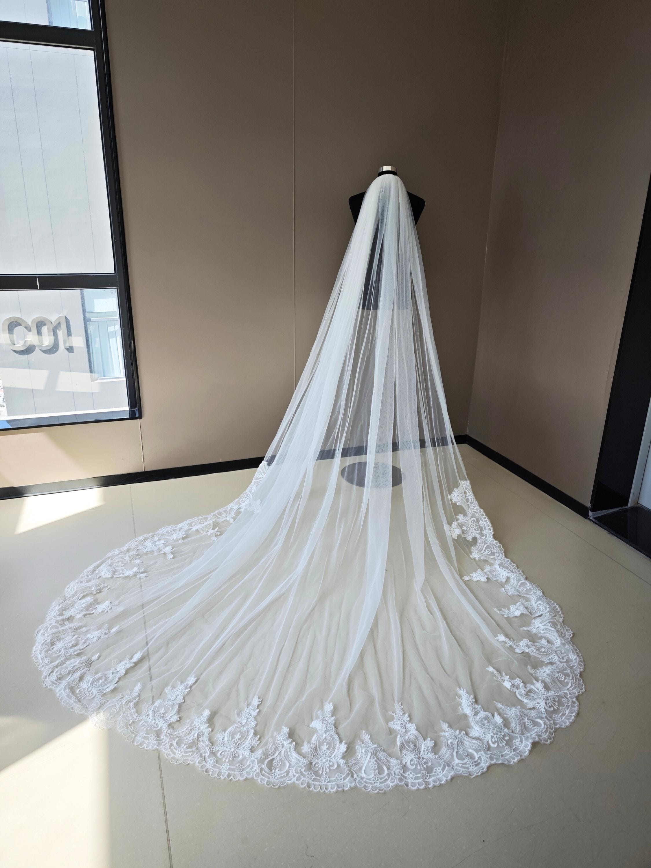 Cathedral Wedding Veil: Hand-stitched Lace Trim, 120 Inch Tulle Veil - Etsy