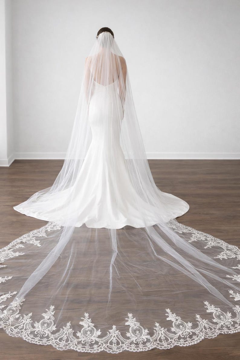 Cathedral Wedding Veil: Hand-stitched Lace Trim, 120 Inch Tulle Veil - Etsy