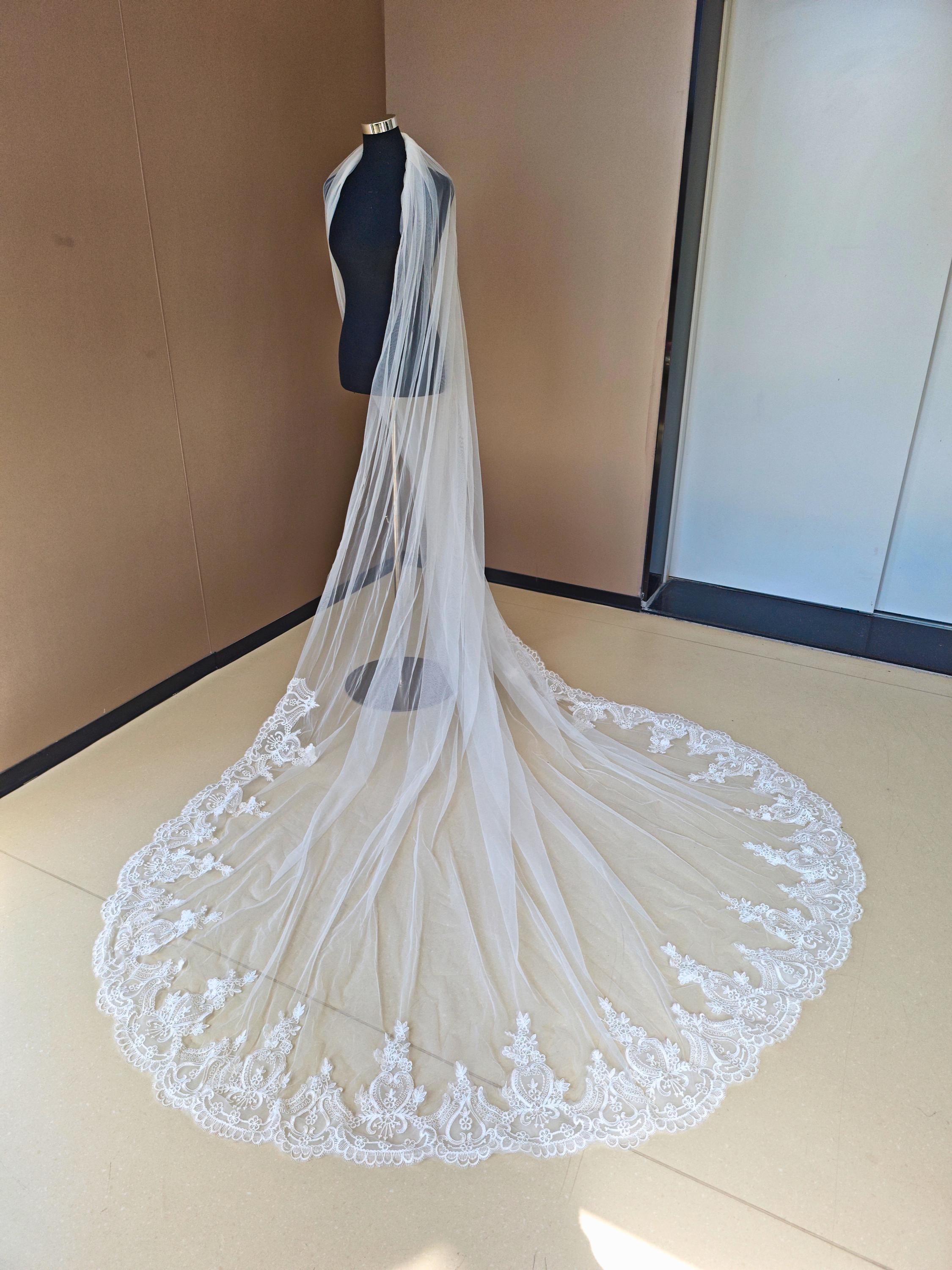 Cathedral Wedding Veil: Hand-stitched Lace Trim, 120 Inch Tulle Veil - Etsy