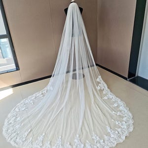 Cathedral Wedding Veil: Hand-stitched Lace Trim, 120 Inch Tulle Veil - Etsy
