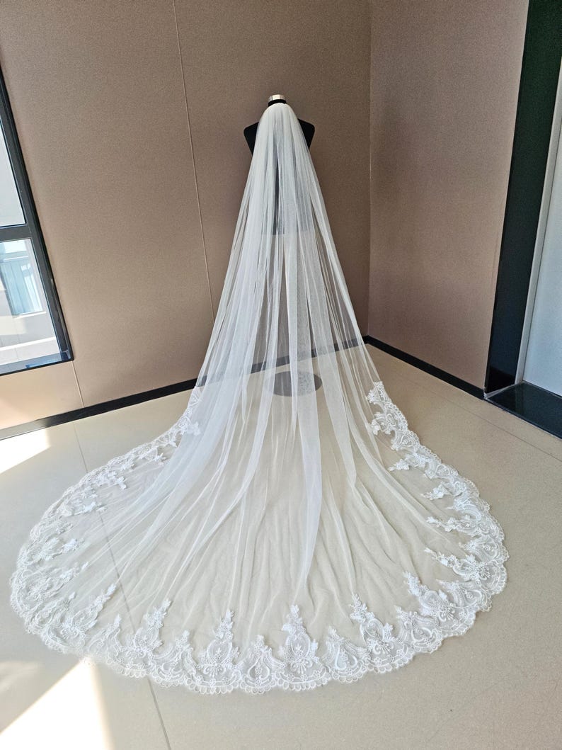 Cathedral Wedding Veil Lace Trim Veil Elegant and Modern Hand Stitched ...