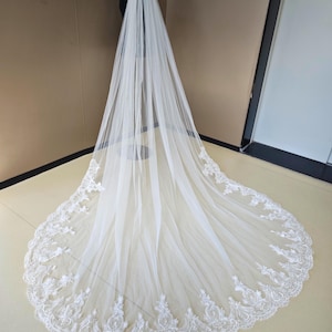 Cathedral Wedding Veil: Hand-stitched Lace Trim, 120 Inch Tulle Veil - Etsy