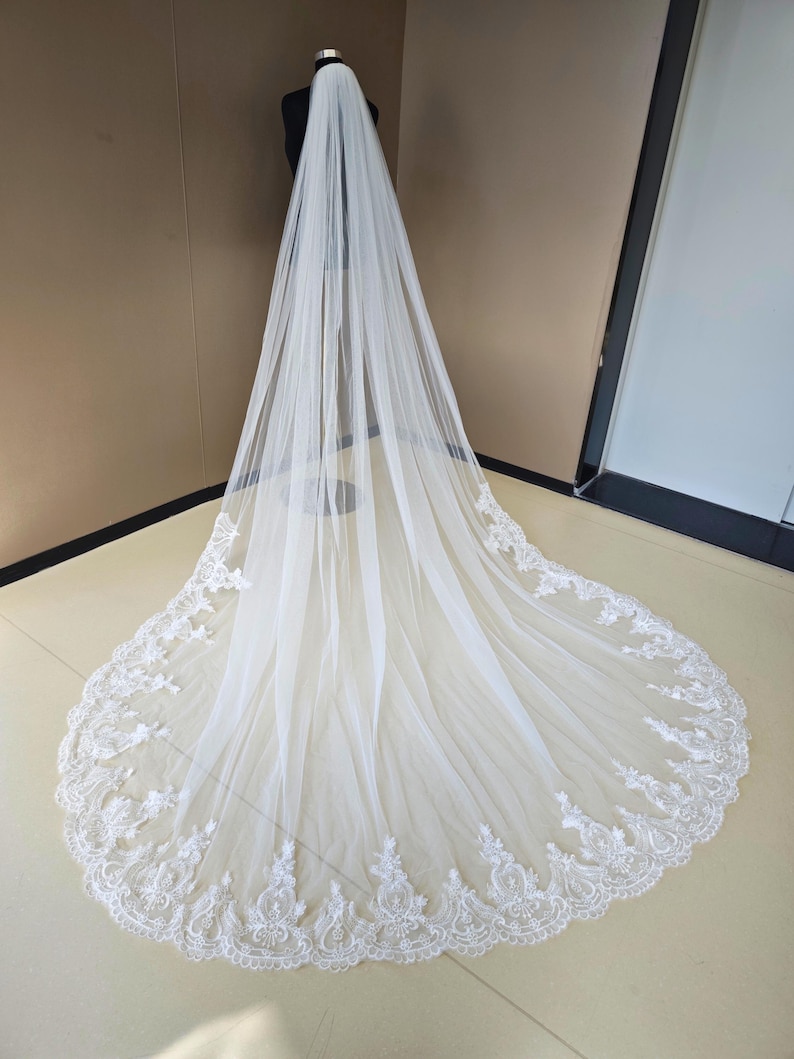 Cathedral Wedding Veil: Hand-stitched Lace Trim, 120 Inch Tulle Veil - Etsy