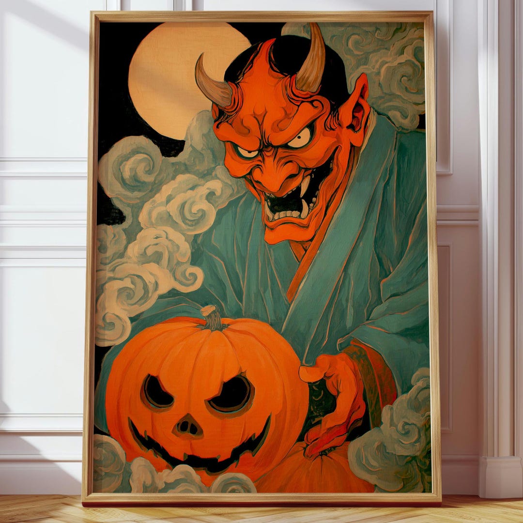 Oni Halloween Poster – Japanese Ukiyo-e Demon Wall Art, Pumpkin Moon ...