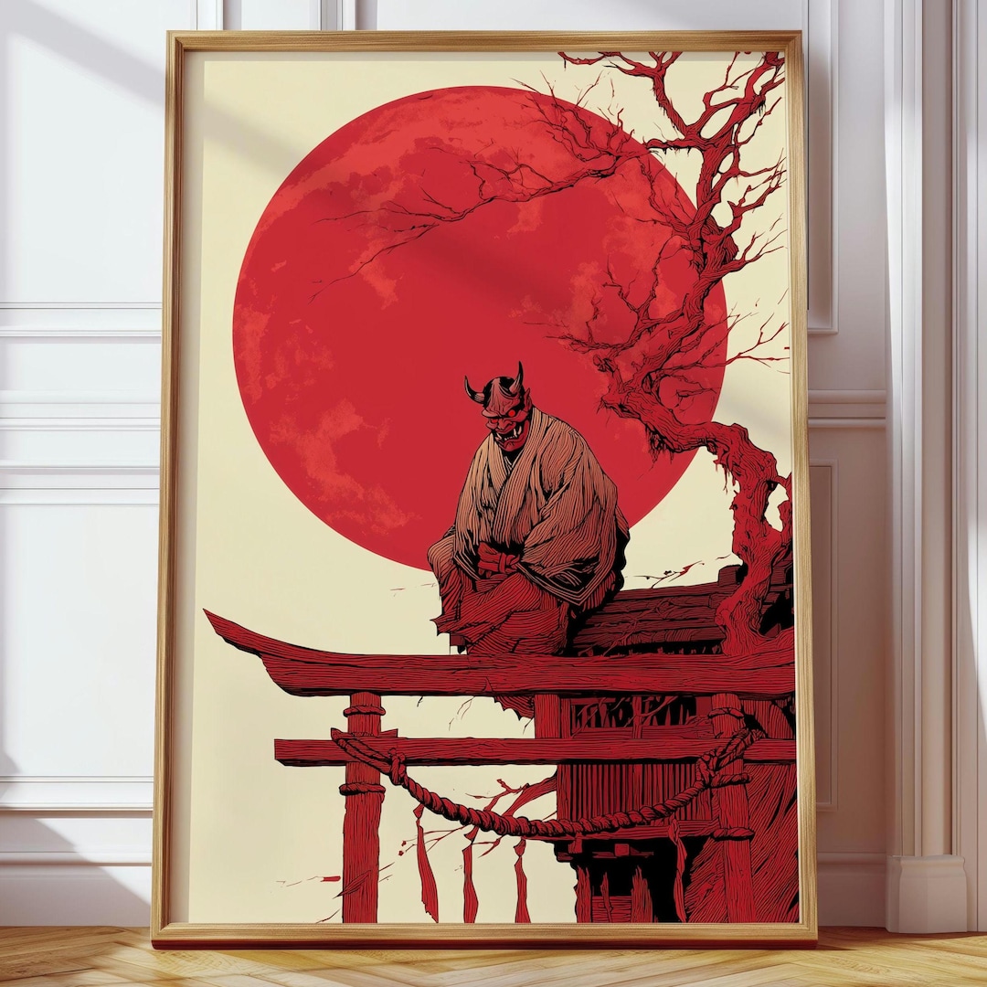 Oni Torii Wall Art Print – Japanese Demon Poster, Red Moon Ukiyo-e ...
