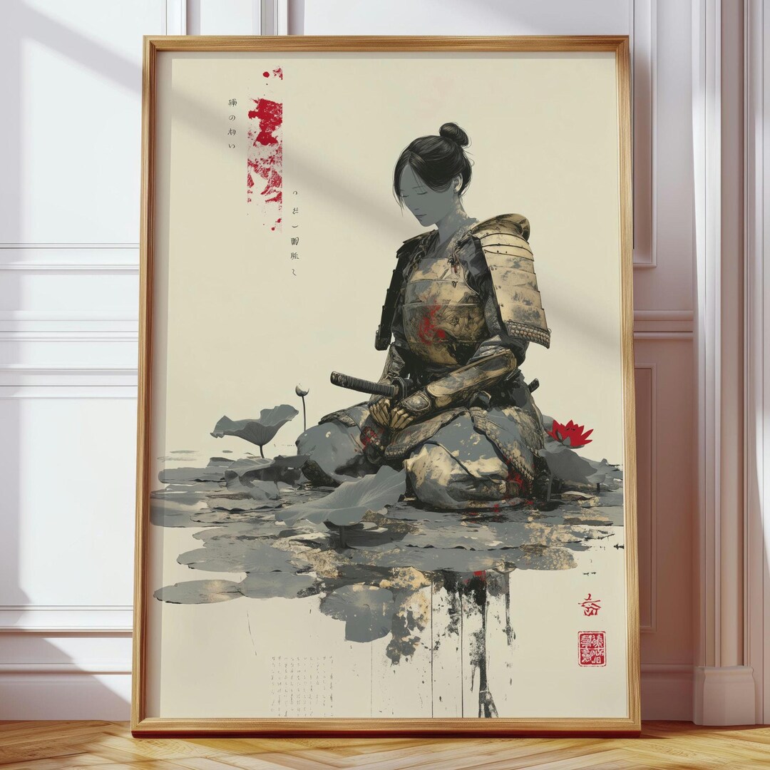 Female Samurai Lotus Poster | Japanese Minimal Art Print | Zen Warrior ...