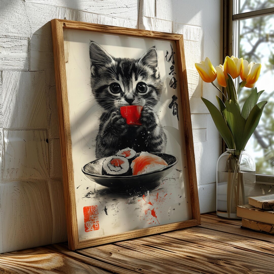 Cat Sushi Digital Download – Cute Japanese Kitten Printable, Vintage ...