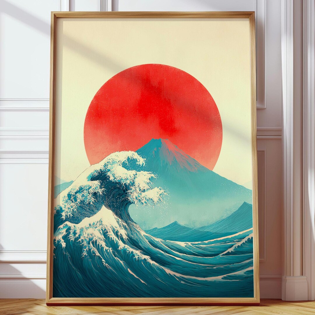 Japanese Wave Fuji Poster – Red Sun Great Wave Wall Art, Hokusai ...