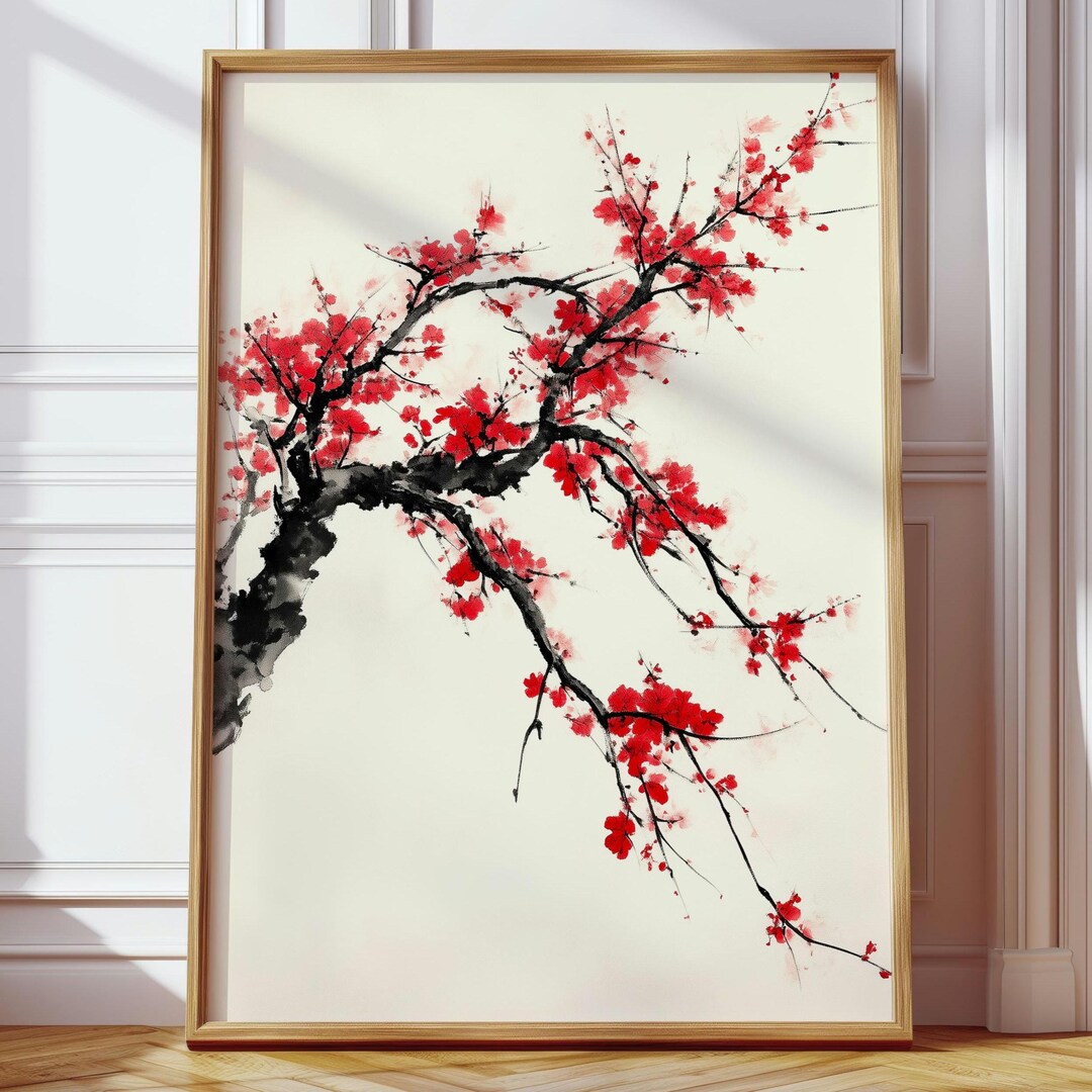 Japanese Cherry Blossom Branch Wall Art – Minimalist Red Sakura Poster ...