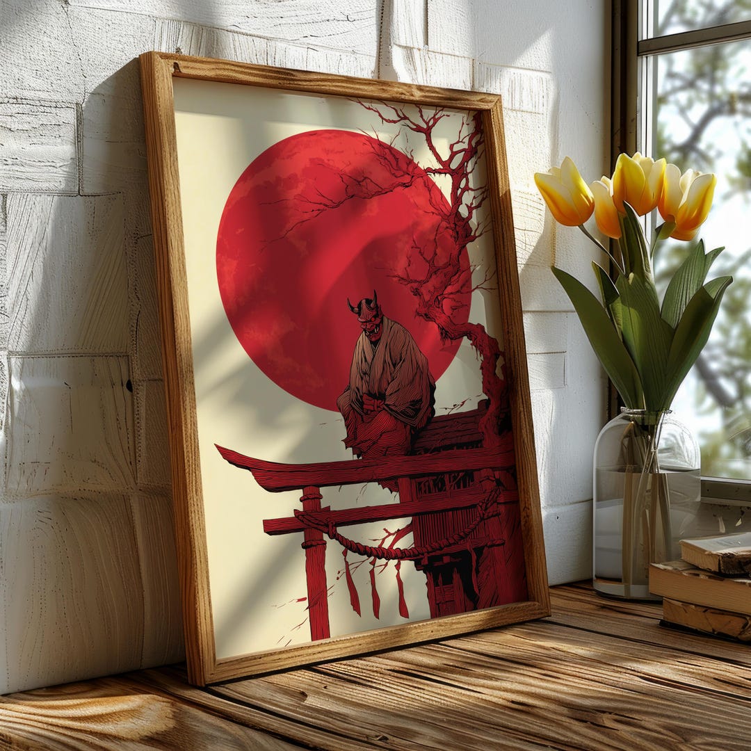 Oni Torii Digital Print – Japanese Demon Wall Art, Red Moon Ukiyo-e ...