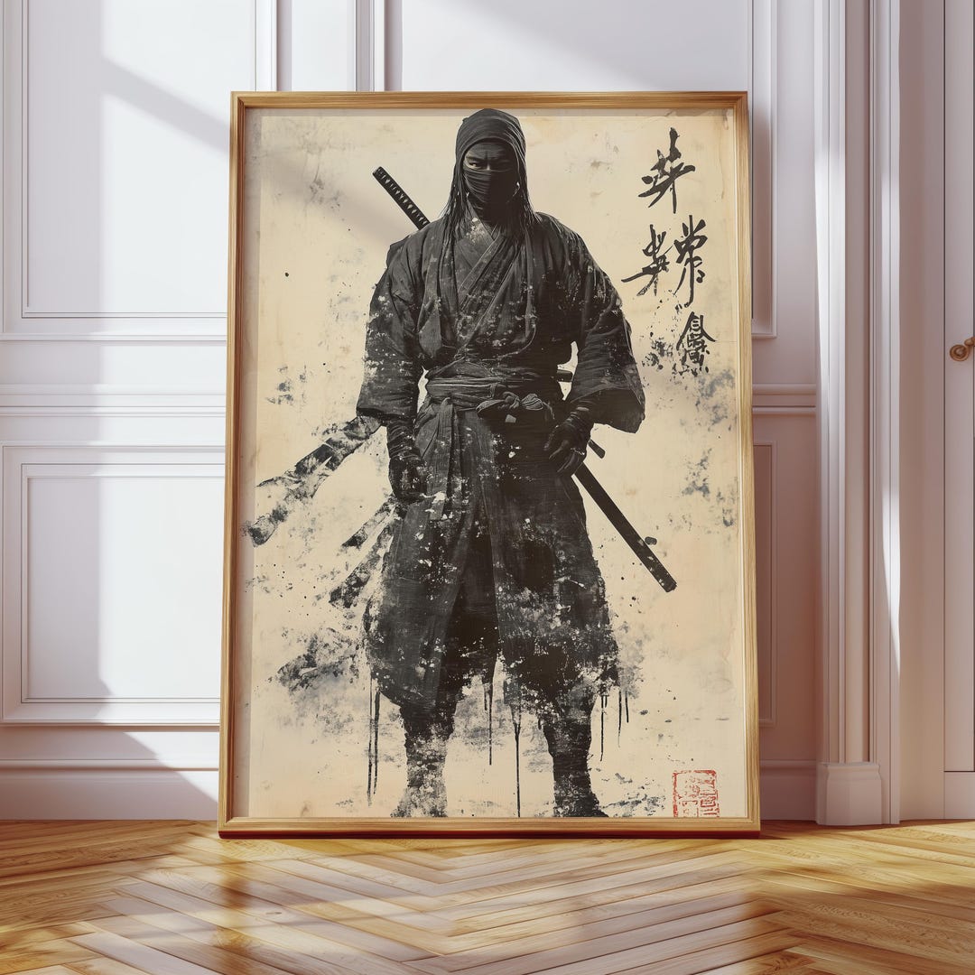 Japanese Ninja Ink Poster Gift | Samurai Shadow Wall Art | Sumi-e ...