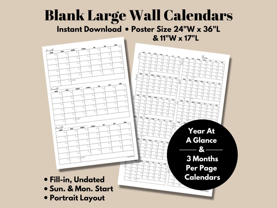 Large Blank Wall Calendar Printable: Undated Portrait Layout (digital ...