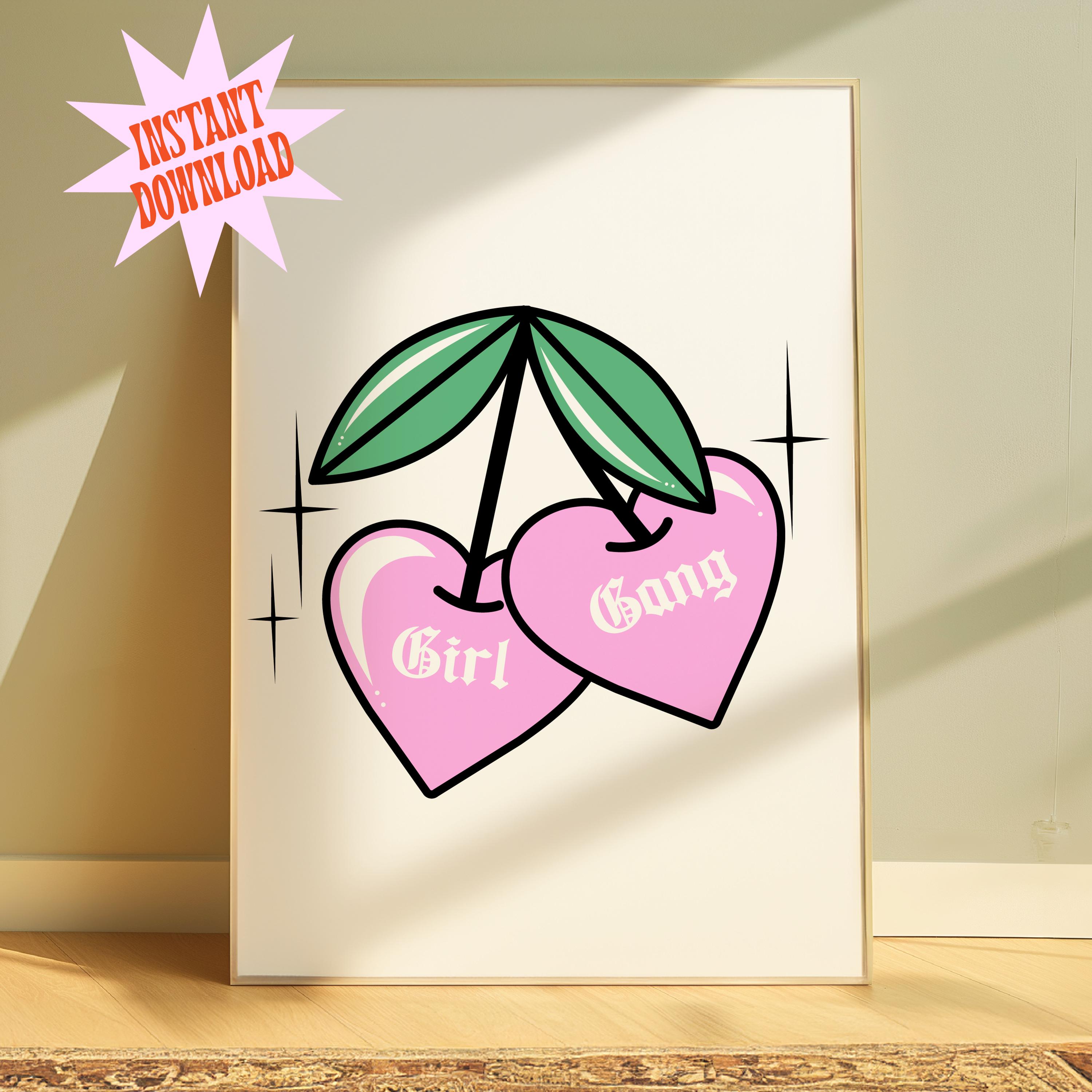 Girl Gang Design, Pink Hearts and Cherries Art, Cherry Design, Digital ...