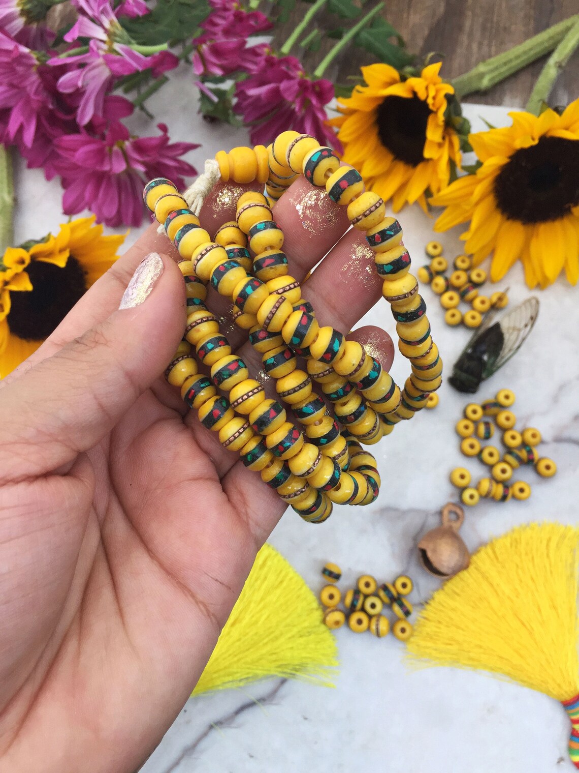 Yak Bone Beads: Sunny Yellow 8mm Inlaid Bone Beads From - Etsy