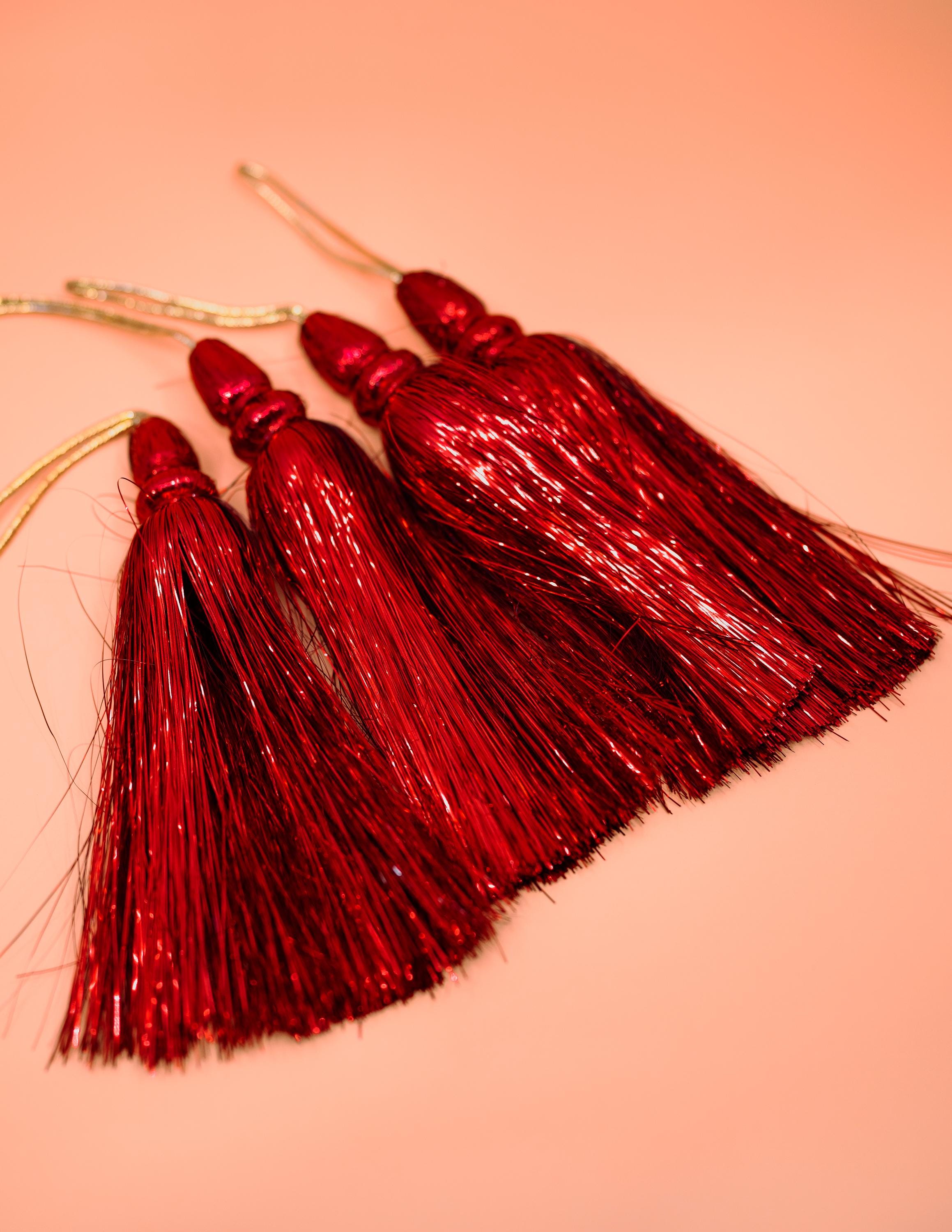 Red Metallic Tinsel Tassels – Set of 2 Festive Tassels for DIY Jewelry ...