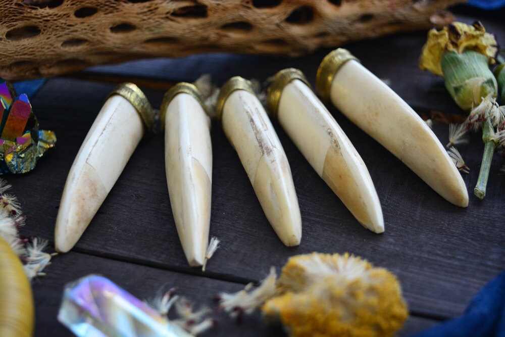 Creamy Ivory: Inlaid Bone Tusk Pendant With Flower Antique Brass Cap ...