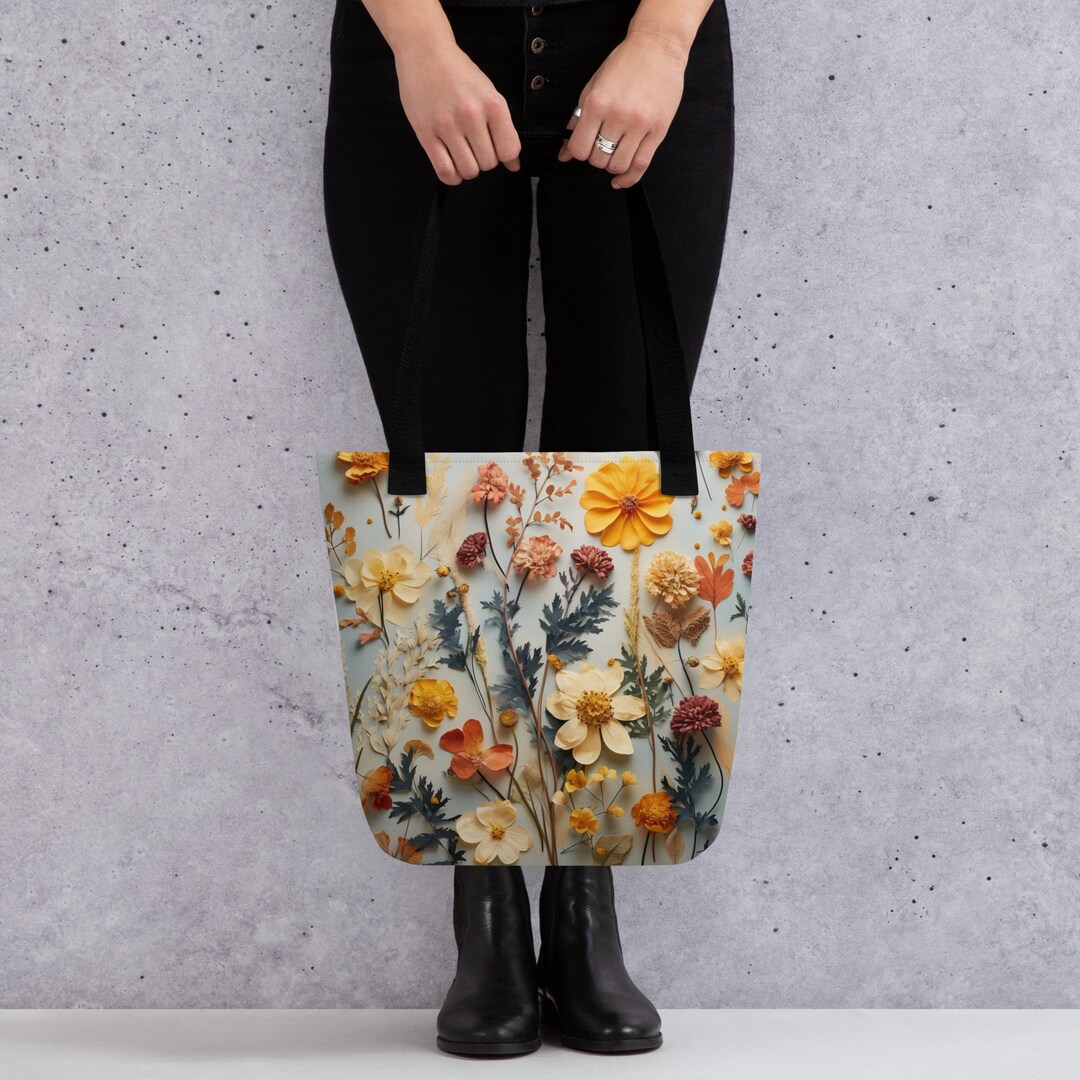 Pressed Flower Tote Bag: Multicolor Printed Flower Tote Nature Inspired ...