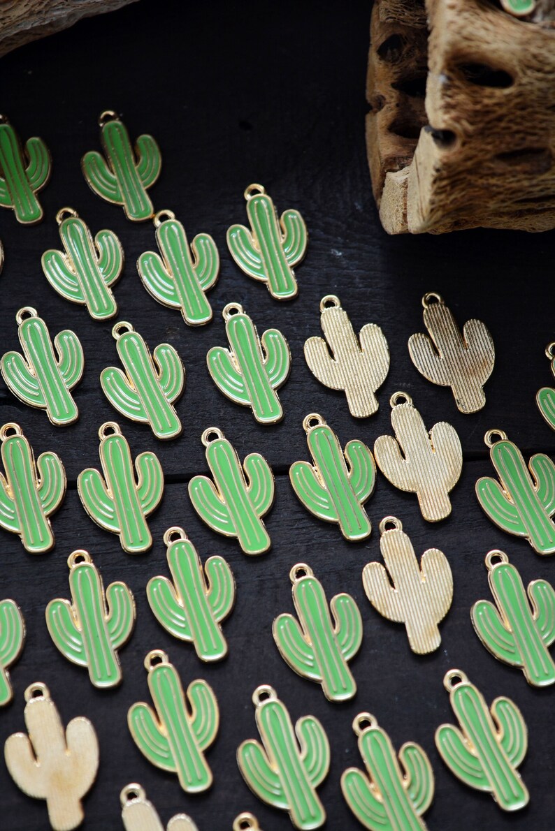 Green Saguaro Cactus Enamel Charm – Gold Plated Desert Jewelry Pendant ...