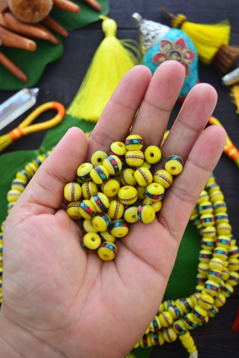 Yak Bone Beads: Bright Yellow 10mm Inlaid Bone Beads From | Etsy
