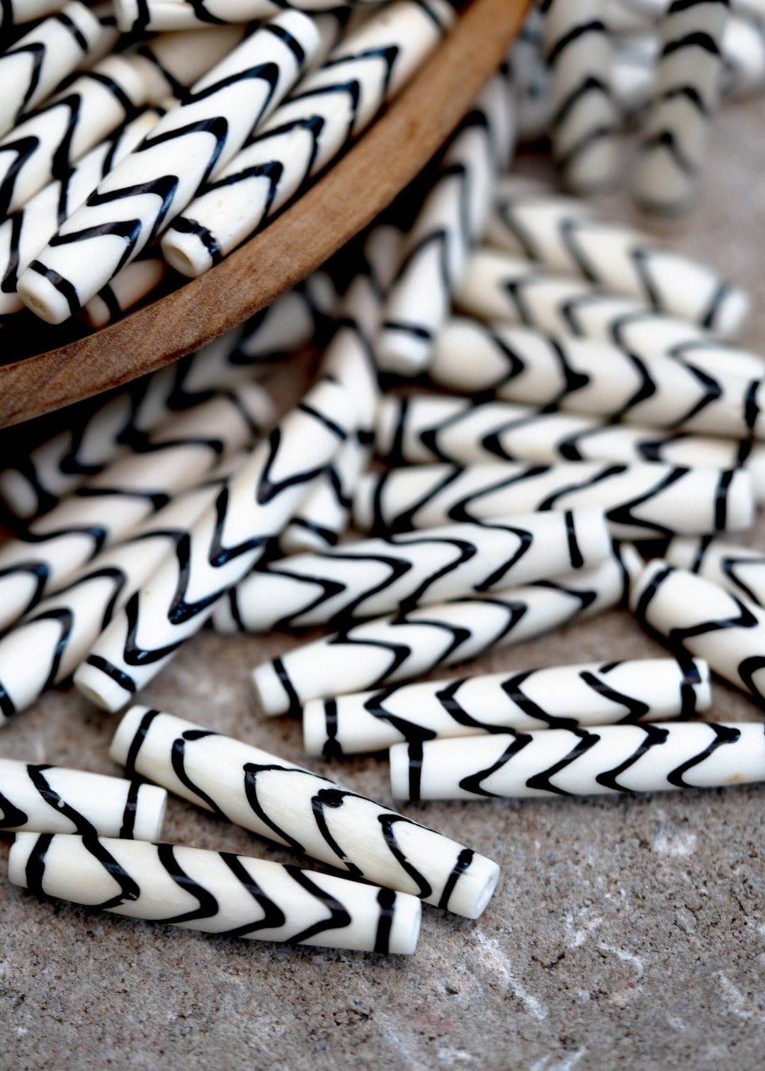 White and Black: Chevron Long Tube Bone Beads, 6x36mm, 5 Large Hole ...