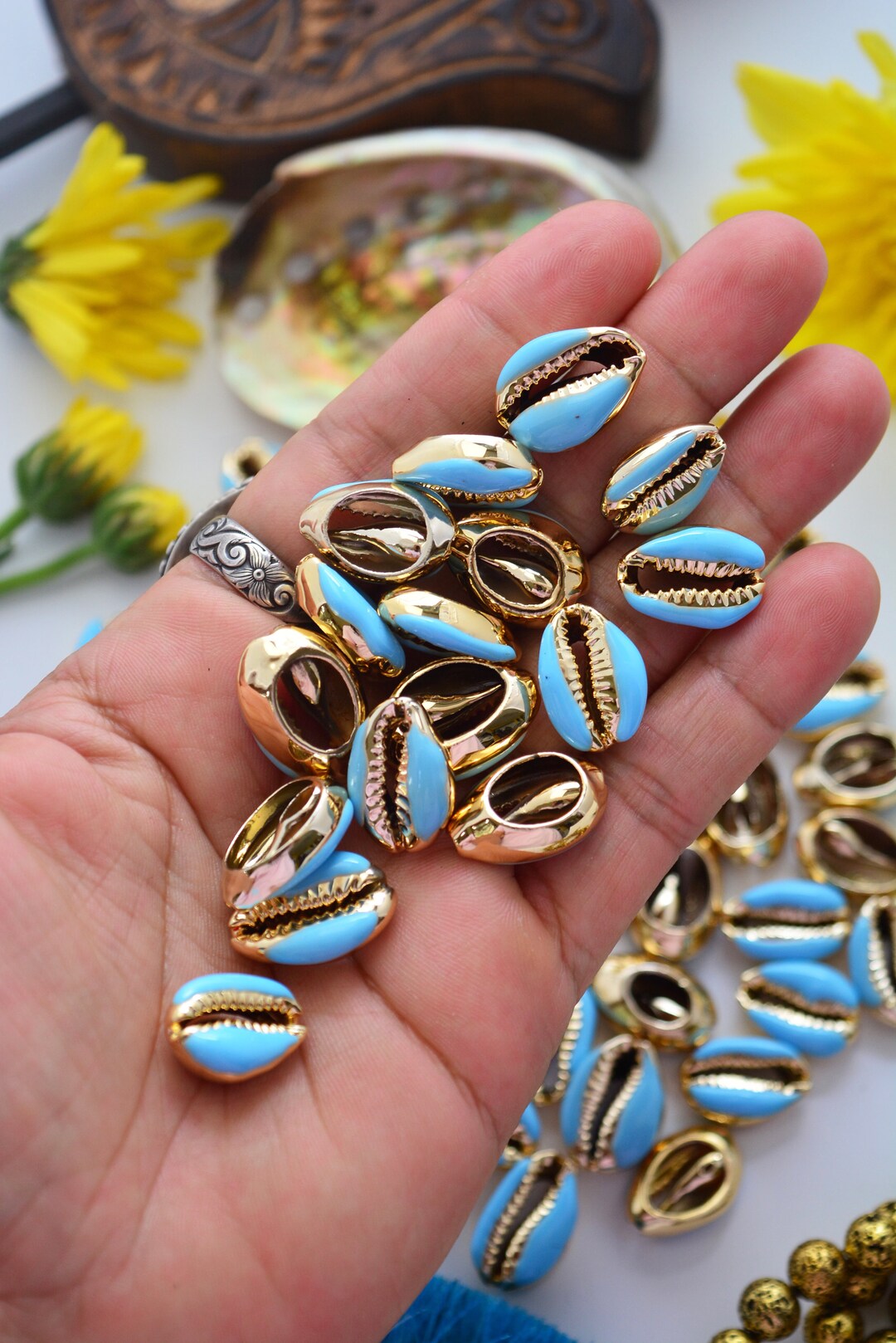 Sky Blue: Enamel Cowrie Shell, Gold Plated Cowry Shells, Friendship ...