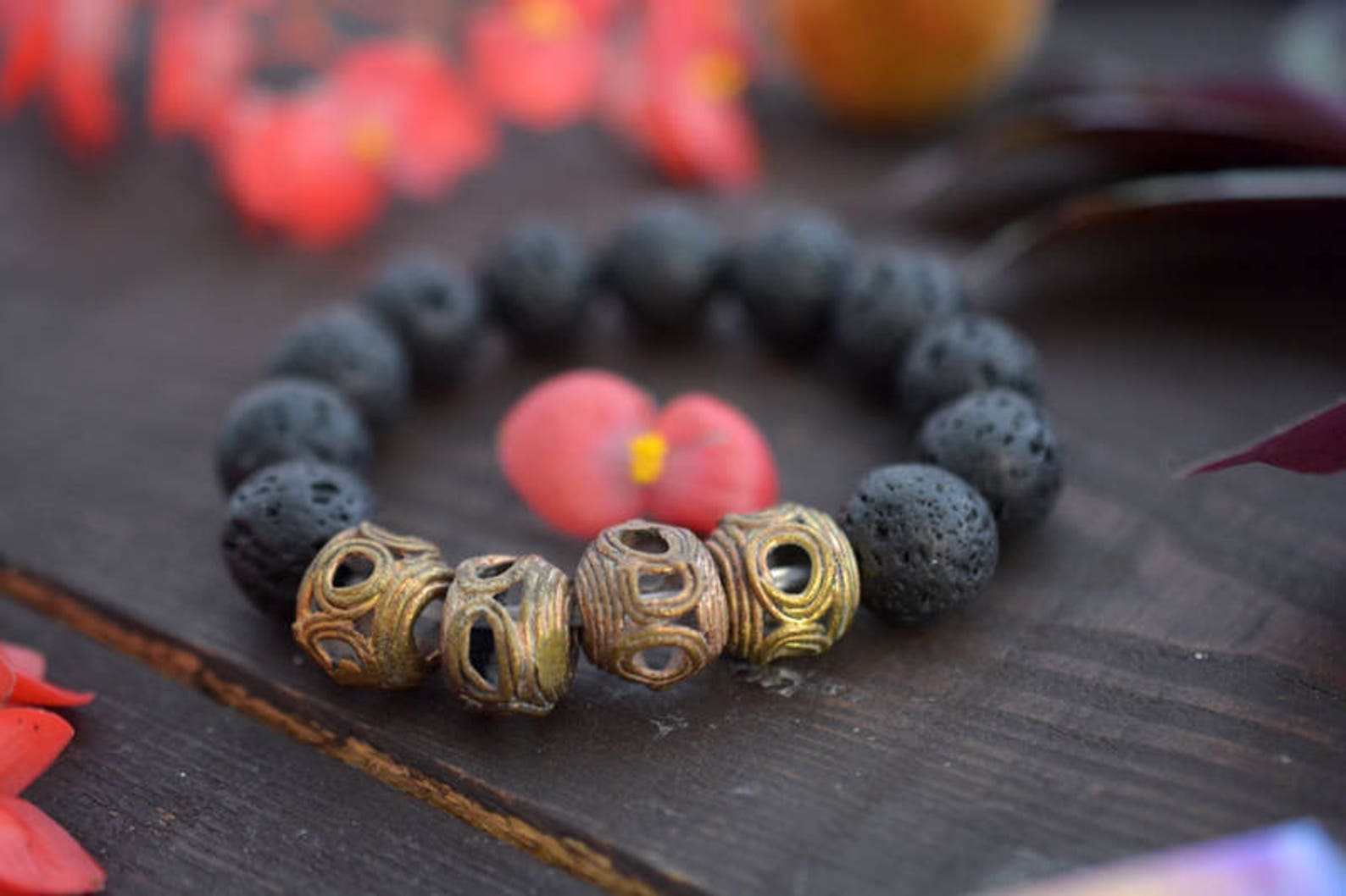 Beautiful Natural Lava Rock Stone Bracelet With African Brass Ashanti ...