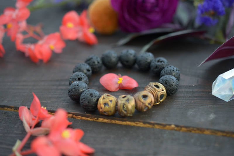 Beautiful Natural Lava Rock Stone Bracelet With African Brass Ashanti ...