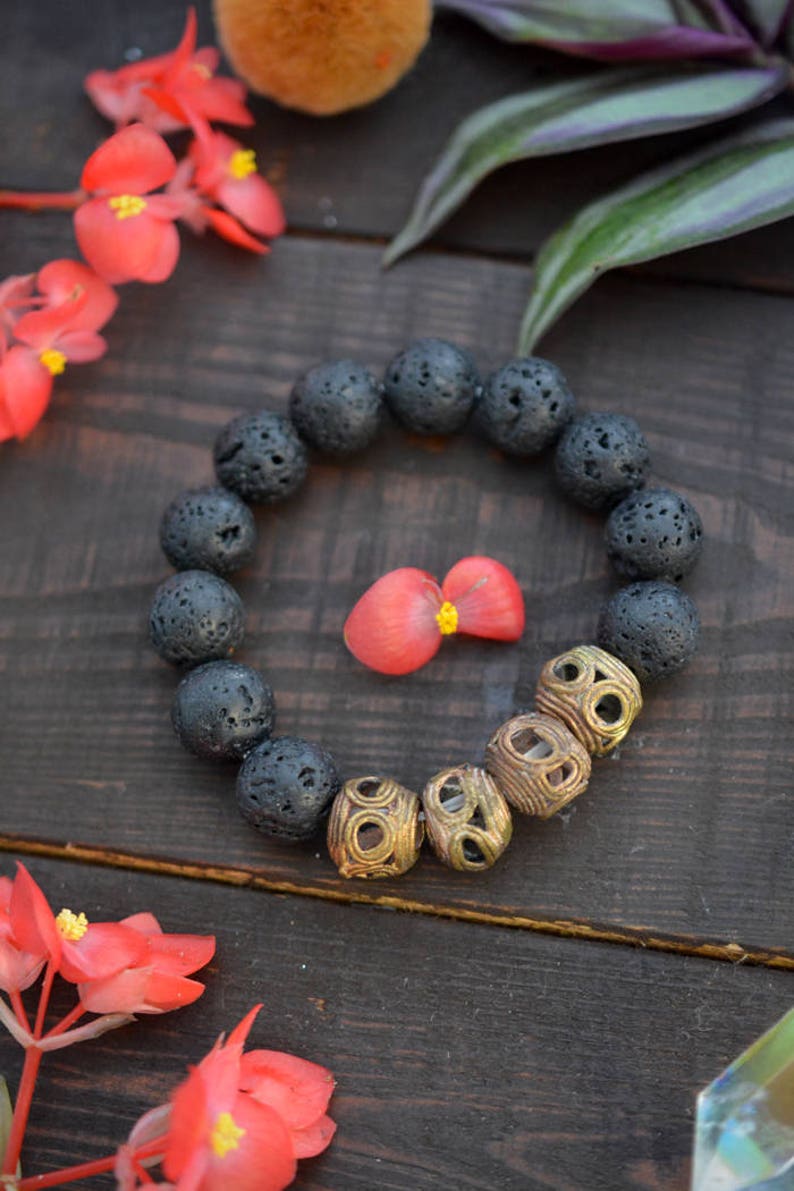 Beautiful Natural Lava Rock Stone Bracelet With African Brass Ashanti ...