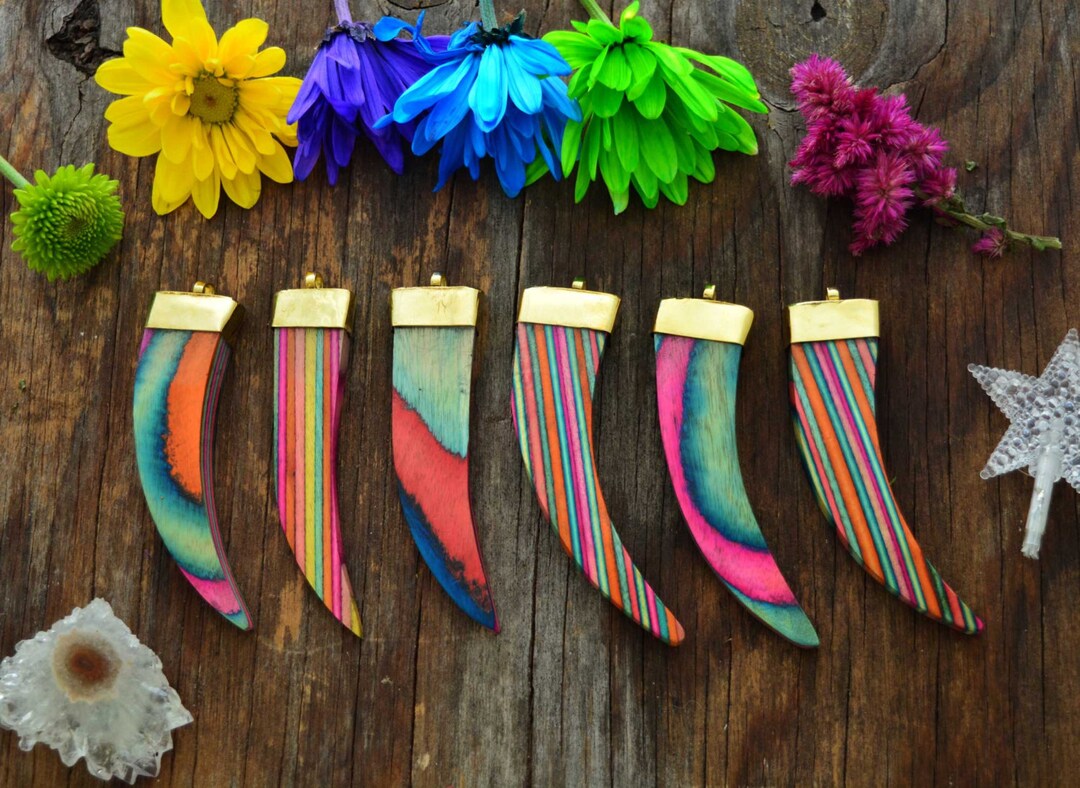 Flat Happy Rainbow Wooden Tusk Pendant, 8x90mm / Lightweight Pendant ...