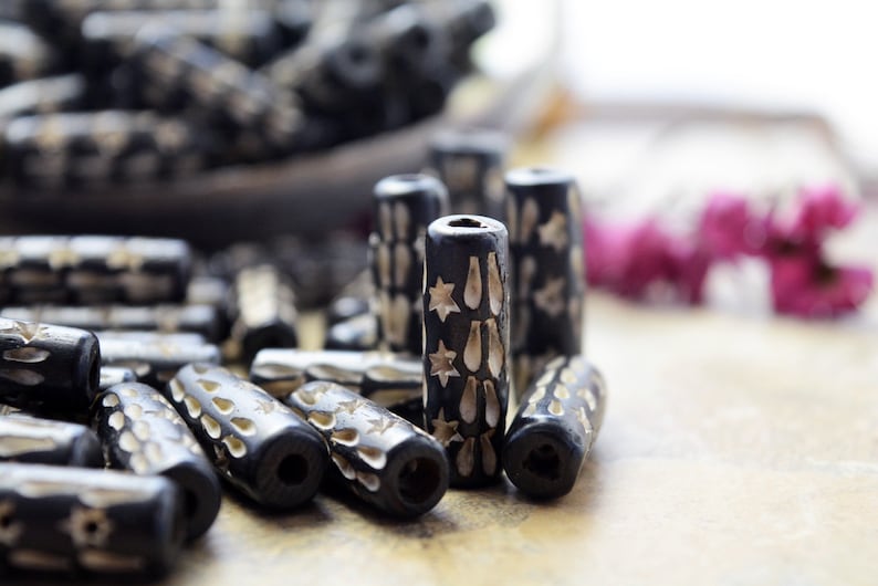 Stars & Drops Carved Black Bone Beads 8x25mm 10 beads / | Etsy