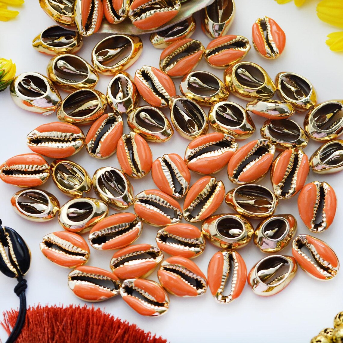 Caramel Brown Enamel Cowrie Shell – 1 Shell, Gold-plated Shell Charm ...