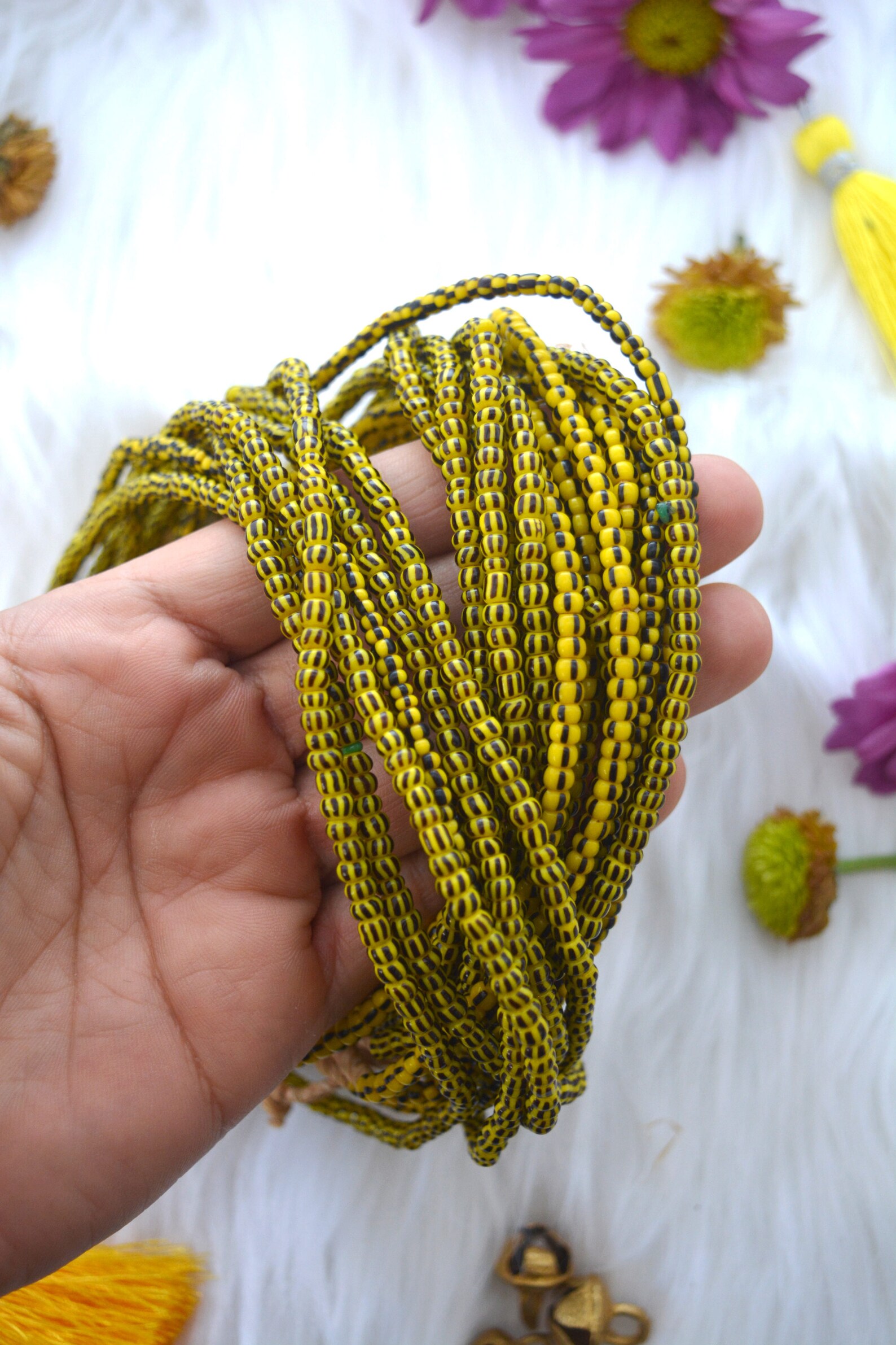 Stripped Melon Yellow, Goomba Beads, Ghana Rondelle Tube Glass Beads ...