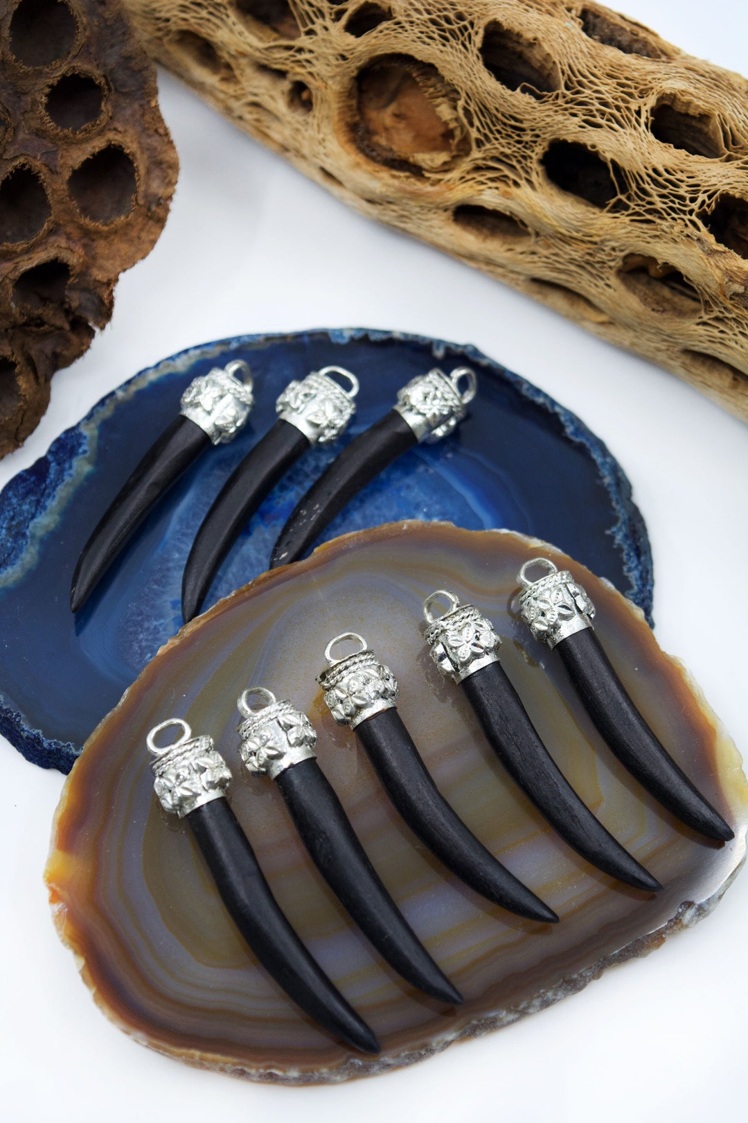 Black Bone Tusk With Silver Flower Bezel, 55mm / Tribal Jewelry, Bone ...