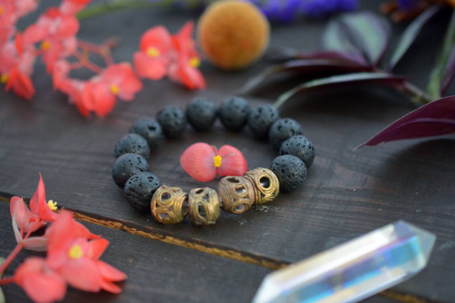 Beautiful Natural Lava Rock Stone Bracelet With African Brass Ashanti ...
