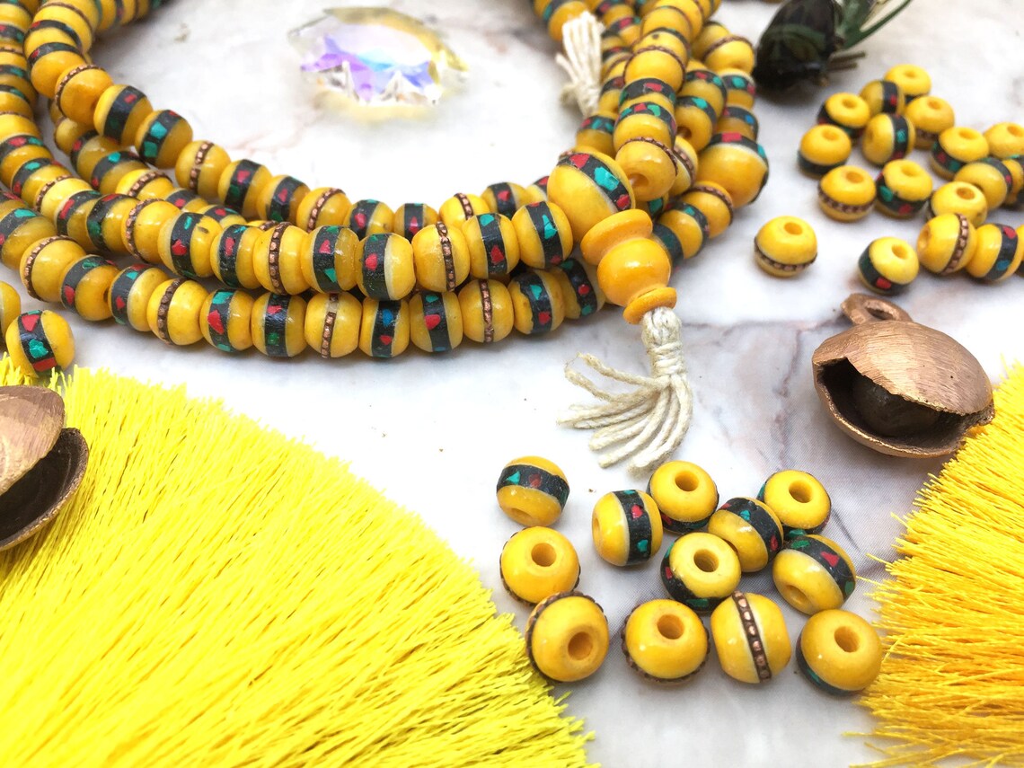 Yak Bone Beads: Sunny Yellow 8mm Inlaid Bone Beads From - Etsy