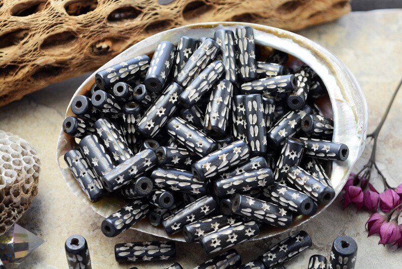 Stars & Drops Carved Black Bone Beads 8x25mm 10 beads / | Etsy