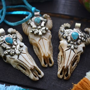 The Ram: Silver Adorned, Large Carved Ram Bone Pendant, 3", 1 Piece ...