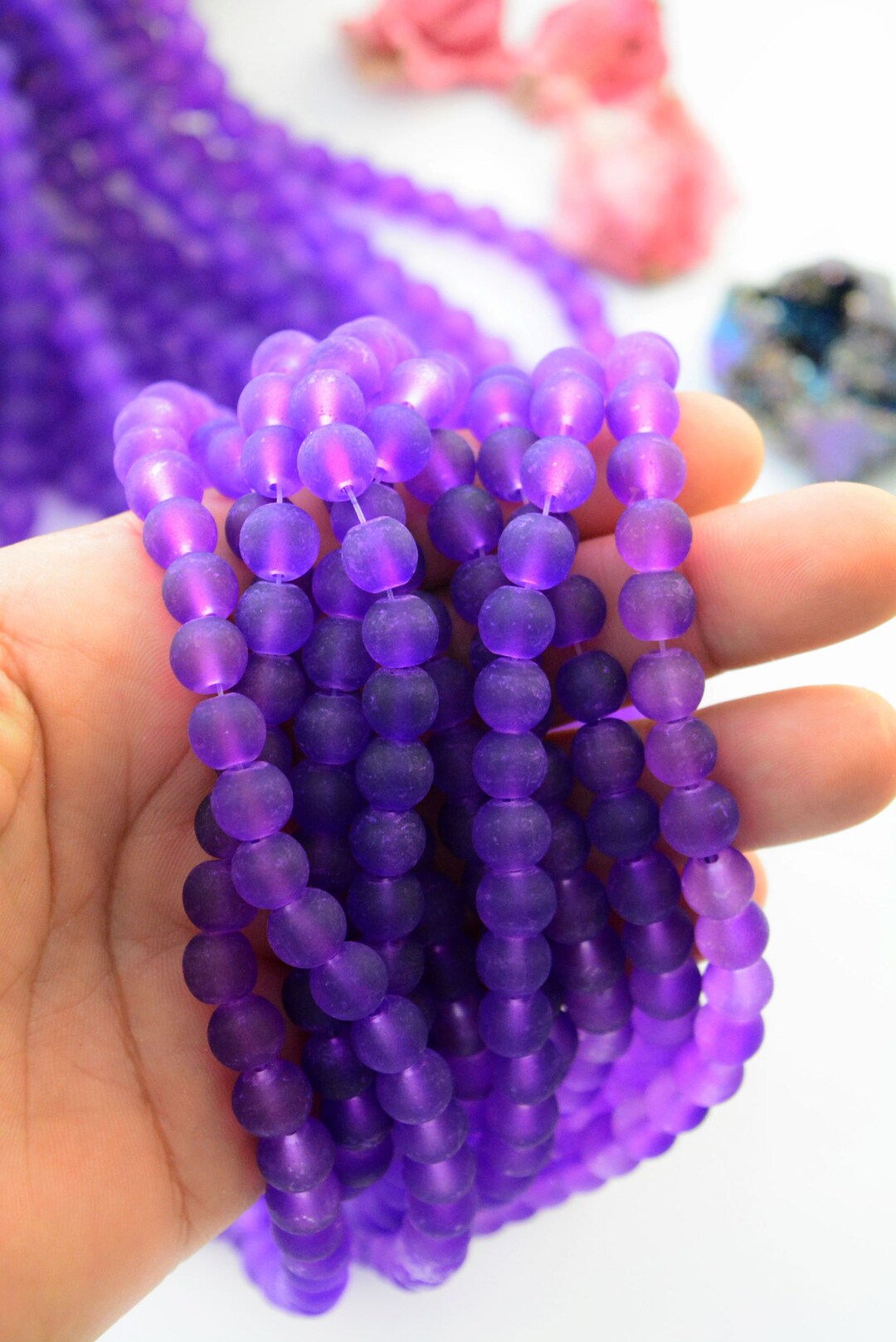 Frosted Glass Beads 8mm Violet Purple, 99 Beads, 31 Inches, Cultured ...
