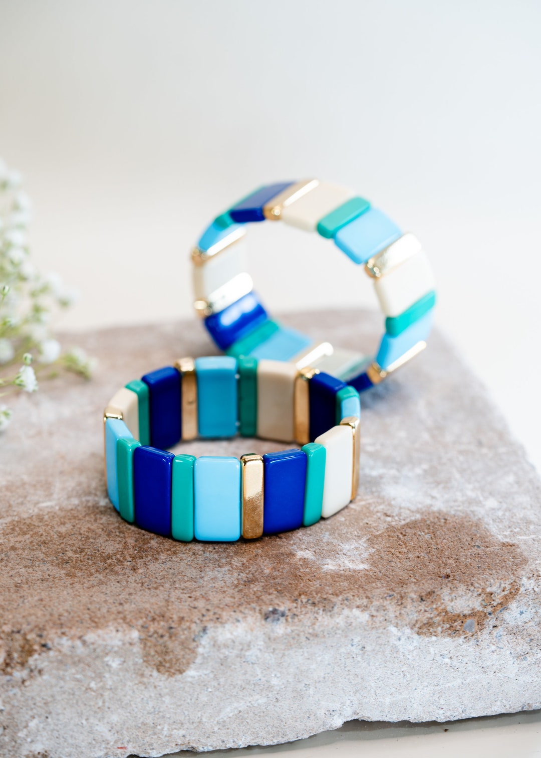 Blues and Gold: Wide Enamel Tile Beads Bracelet / Colorblock Bracelets ...