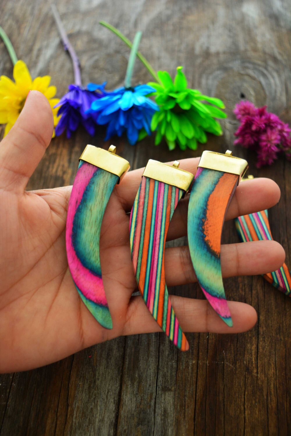 Flat Happy Rainbow Wooden Tusk Pendant, 8x90mm / Lightweight Pendant ...