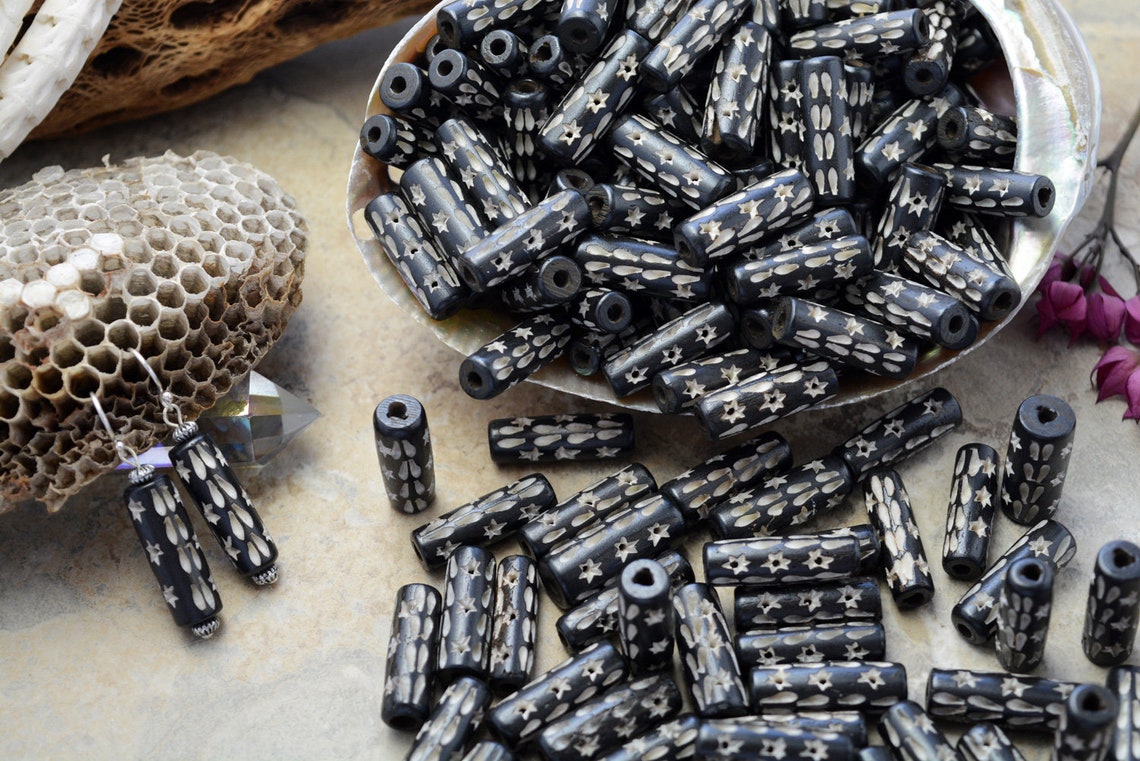 Stars & Drops Carved Black Bone Beads 8x25mm 10 beads / | Etsy