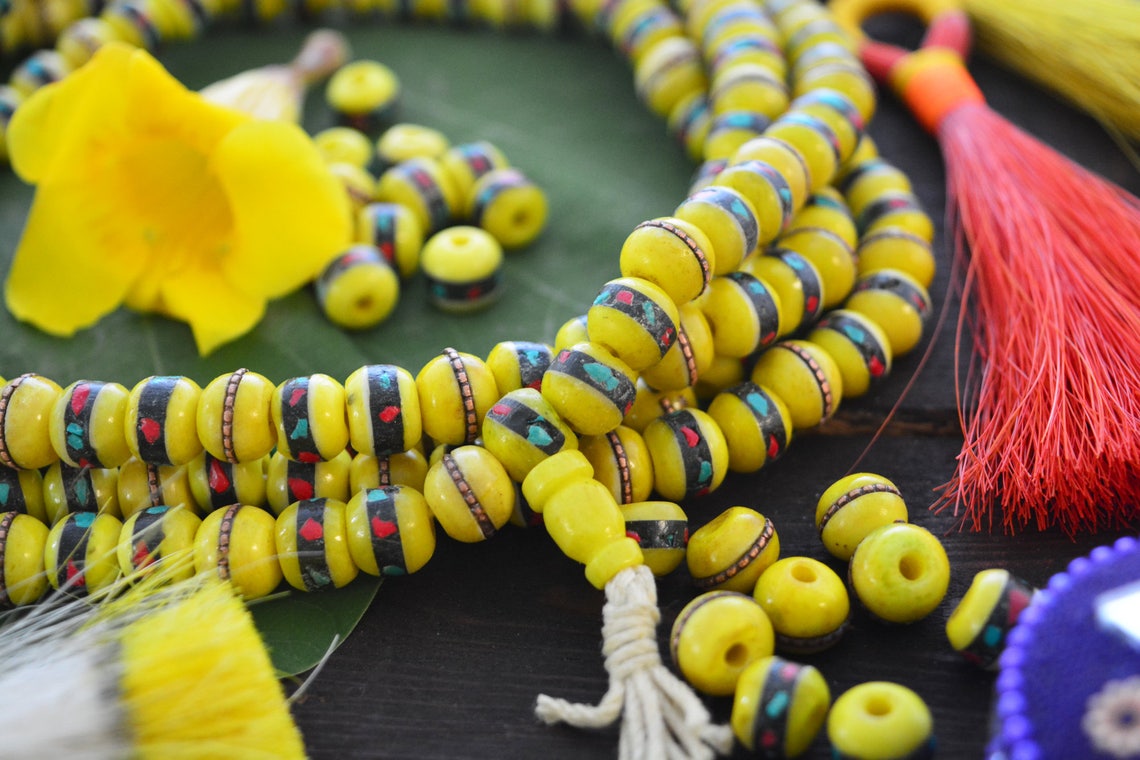 Yak Bone Beads: Bright Yellow 10mm Inlaid Bone Beads from | Etsy