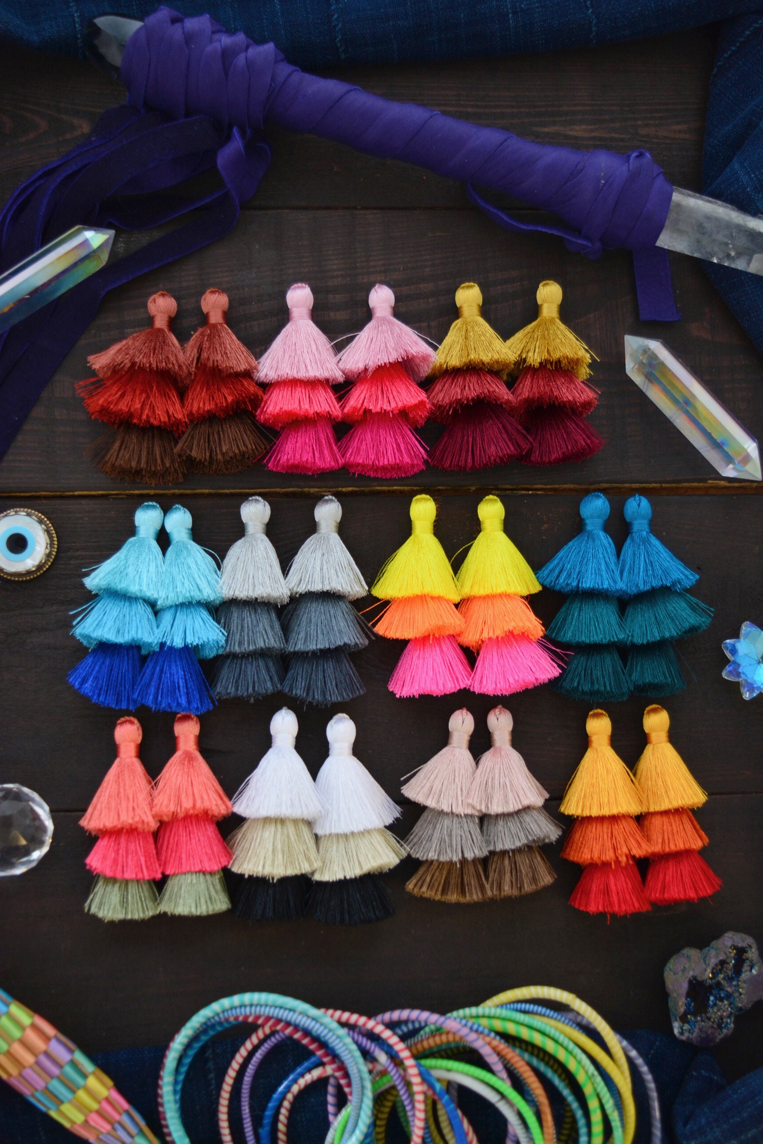 Tiered Tassels: 2 Tassels x 3 Layers Multi Color Silky Luxe | Etsy