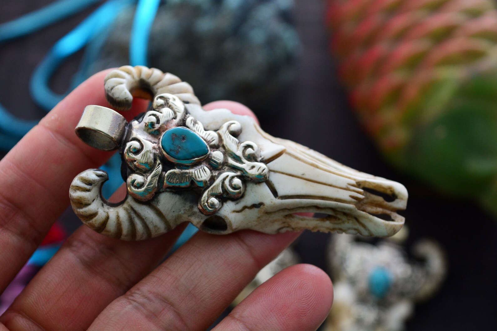 The Ram: Silver Adorned, Large Carved Ram Bone Pendant, 3", 1 Piece ...