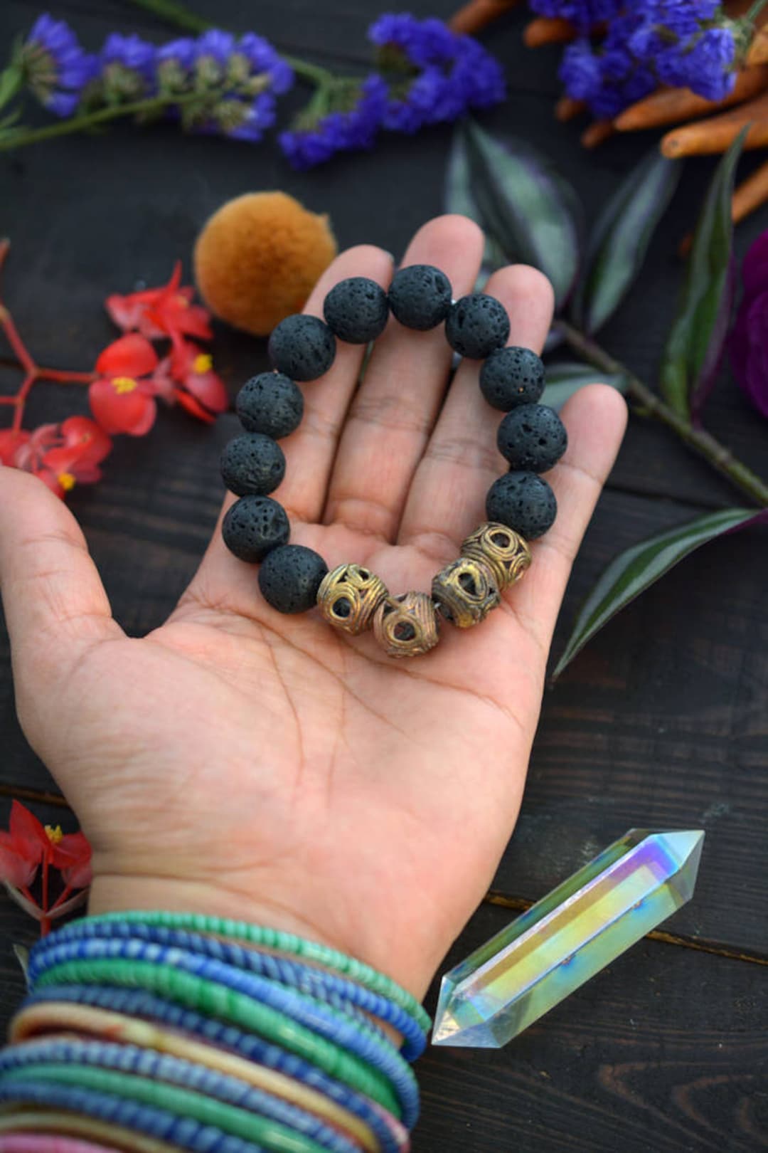 Beautiful Natural Lava Rock Stone Bracelet With African Brass Ashanti ...