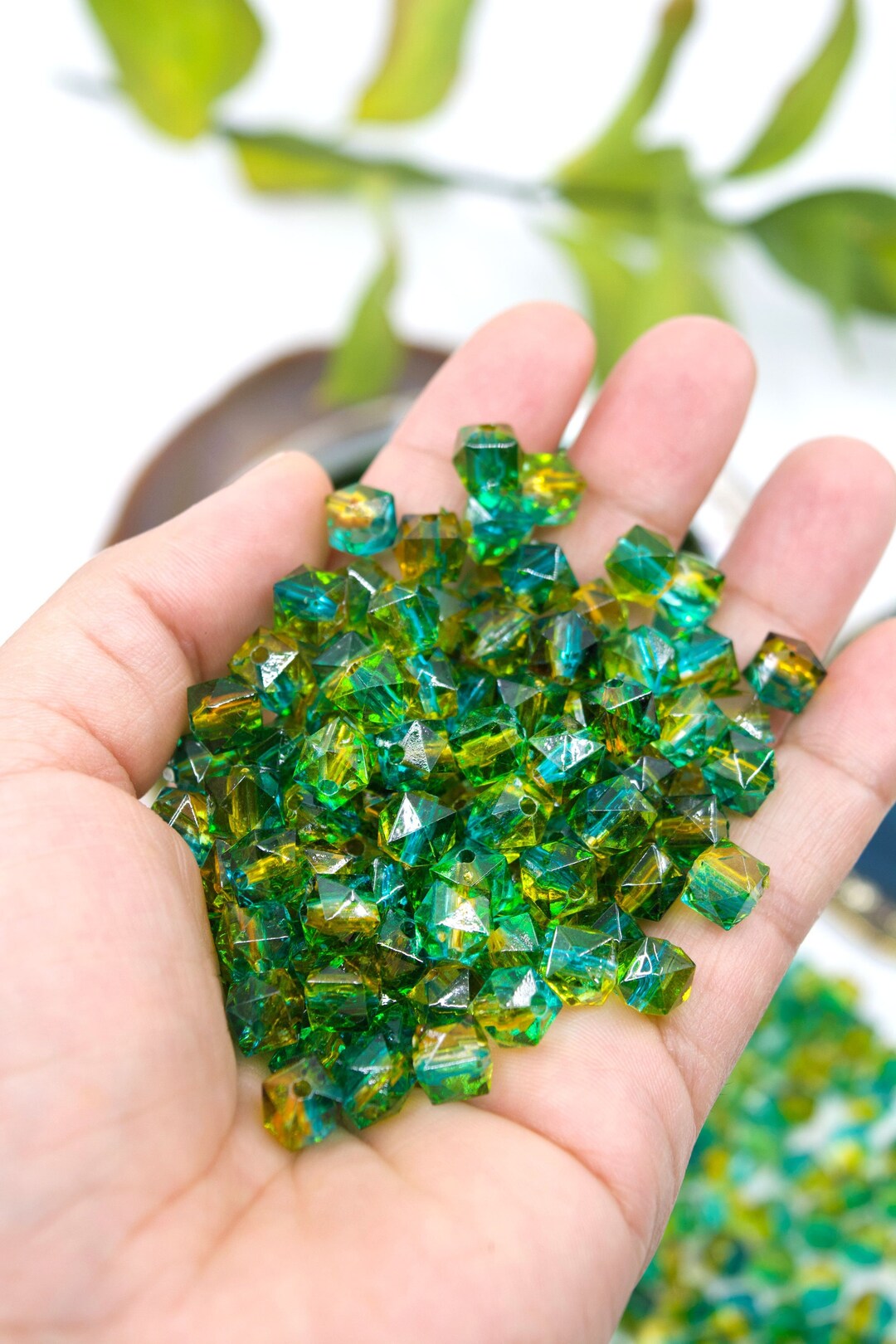 Two Tone Green & Yellow, Polygon Acrylic Beads, 8mm, 30 Beads / Plastic ...
