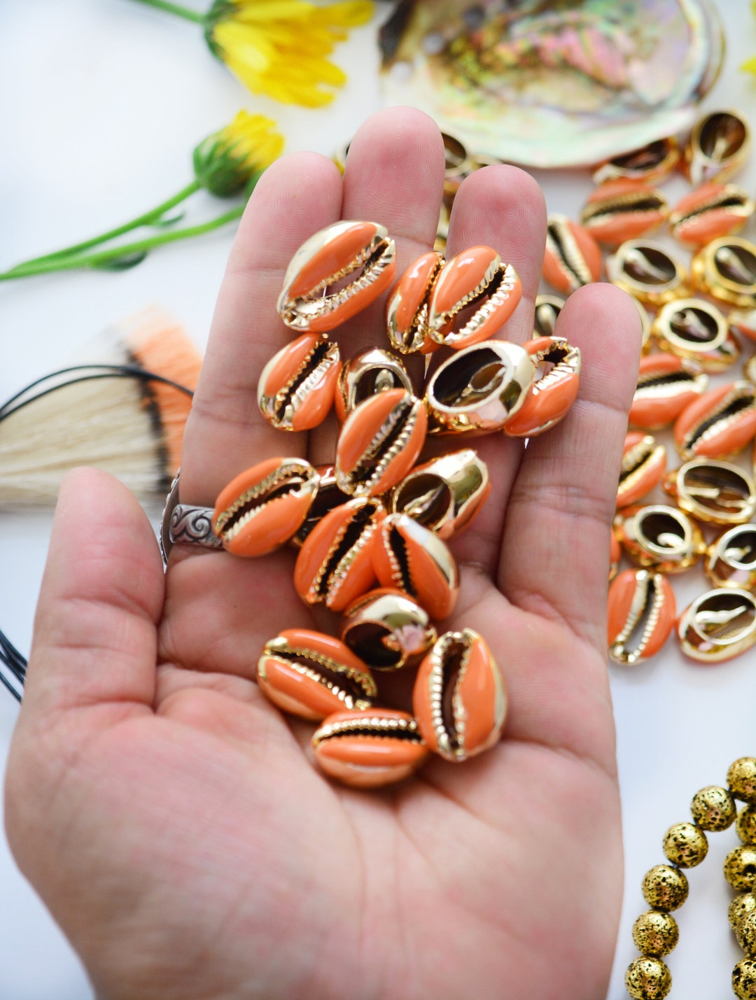 Caramel Enamel Cowrie Shells, 1x16.5mm, Gold Plated, One Shell ...
